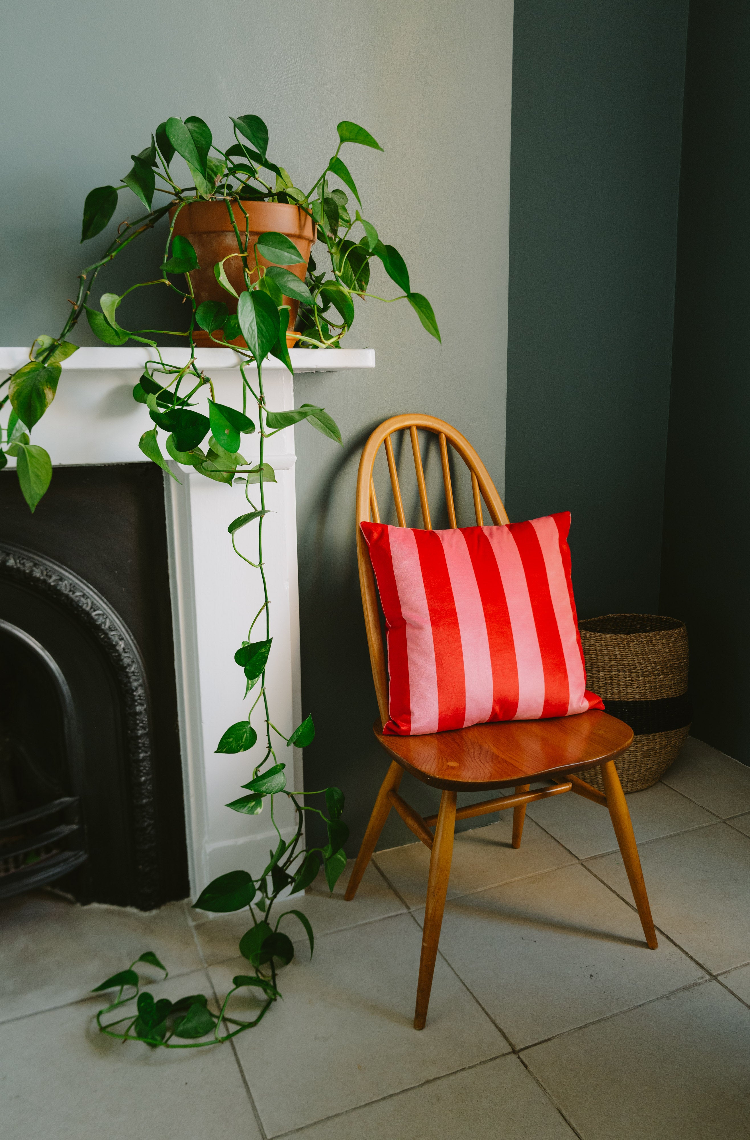 Colours of Arley, recycled sustainable velvet cushion with pink and red ...